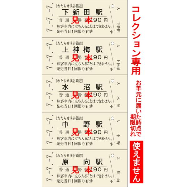 【発売日：2025年07月07日】わたらせ渓谷鐵道の硬券入場券を５枚セットにして、令和７年７月７日の日付で発売します。下新田・上神梅・水沼・中野・原向の５駅です。もちろん日付はオフセット印刷などではなく、一枚ずつ手作業でダッチングしています...