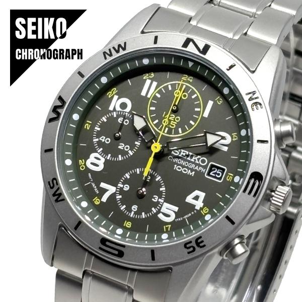 SEIKO セイコー CHRONOGRAPH クロノグラフ 日本製ムーブメント SND377P カーキ×シルバー マット加工 メタルバンド メンズ 腕時計----------------------------------------マット...