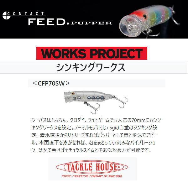 シーバスはもちろん、クロダイ、ライトゲームでも人気の70mmにもシンキングワークスを設定。ノーマルモデル比+5gの自重のシンキング設定。着水直後からリトリーブすればポッパーとして音と飛沫でアピール。水面直下を泳がせれば、泡をまとって小刻みな...