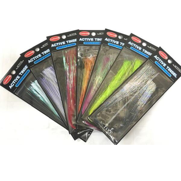 フラットタイプのティンセルストリーマーや、管理釣り場のフライ、バスバグ、テールやウイングに数本入れて、キラメキ度アップ。アジングや、メバリング用のカブラ、ジギング用のアシストフック、タイラバ、バス用のフェザーフックにも多く使われています。