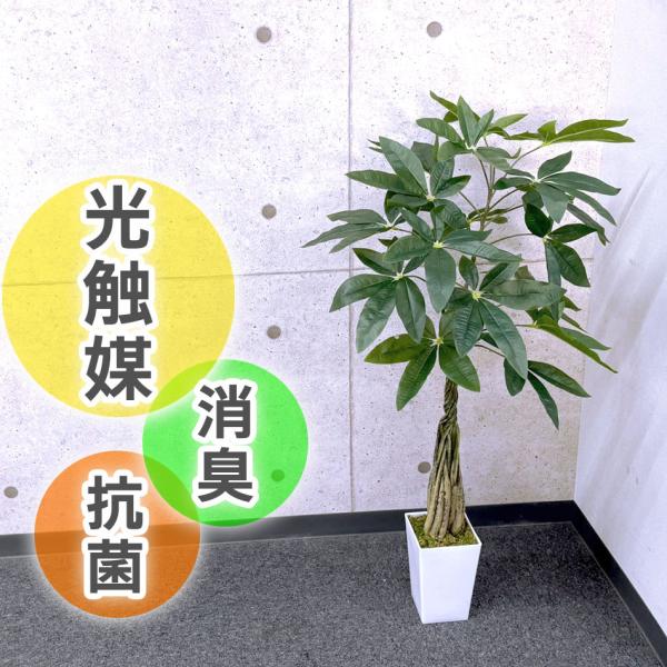 ■リアルな人工観葉植物 パキラ110cm 光触媒で抗菌・消臭作用が期待できます■・葉の表面は光触媒加工をされており空間の抗菌・防臭作用が期待できます。・ワイヤー入りで自由に成型可能・お手入れ不要。リアルな観葉植物（パキラ）です。　鉢植え部分...