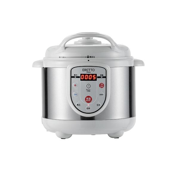 ERETTO"mono"電気圧力鍋3.0L(18cm・4合炊)加熱時間をスイッチ動作でラクラク調整。圧力調理で時短料理！白米・玄米・煮込みメニューがワンボタン！その他はお好み調理で時間を選択して加熱します。内鍋は水量メモリ付き。レシピブック...