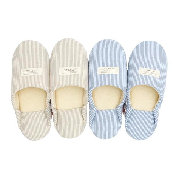 【アイテム説明】ストライプのバブーシュ。足を優しくさらりと包み込む、フィット感がたまらない♪ルームシューズにぴったりです。パタパタと足音がしないので、授業参観にもおすすめ！お客様用のルームシューズにも。カラーはブルーとアイボリーの2種類ご用...