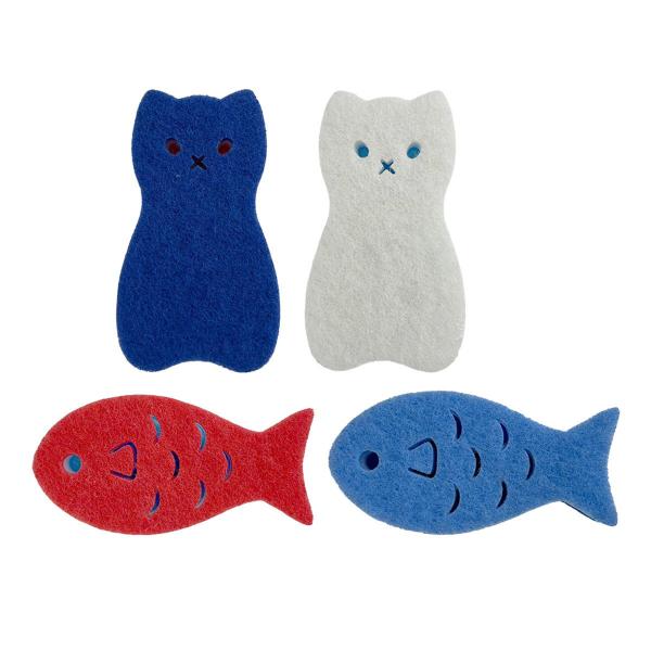 にぎりやすくて自立する！　泡立ちやすい3層構造でこびり付いた汚れに洗剤をしっかりキープして泡立ちバツグン！【サイズ】ねこW80×H140×D35mm　フィッシュW140×H70×D35mm【材質】ポリエステル不織布、ポリウレタン【JAN】4...