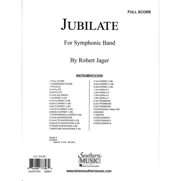 ★こちらの商品はフルスコア「のみ」です★■原題または洋題：Jubilate■作曲者：ロバート・ジェイガー （Robert Jager）■演奏時間：約4分45秒■出版社による設定グレード：--■出版社：Southern Music Compa...