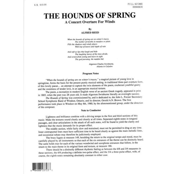 ★こちらの商品はフルスコア「のみ」です★■原題または洋題：Hounds of Spring (A Concert Overture for Winds)■作曲者：アルフレッド・リード（Alfred Reed）■演奏時間：約8分45秒■出版社...