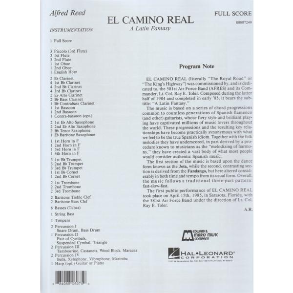 ★こちらの商品はフルスコア「のみ」です★■原題または洋題：El Camino Real■作曲者：アルフレッド・リード（Alfred Reed）■演奏時間：約10分30秒■出版社による設定グレード：5