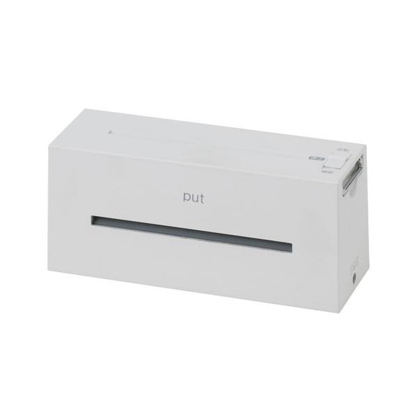 テーブルやゴミ箱の上で、使い方・使う場所、自由自在。手のひらサイズのコンパクトシュレッダ。パーソナルシュレッダ プット TM1 ホワイト■ 置き場所に困らない。お気に入りのゴミ箱がシュレッダに。ゴミ箱の縁が直線の場合(縁の厚み3〜8mmまで...