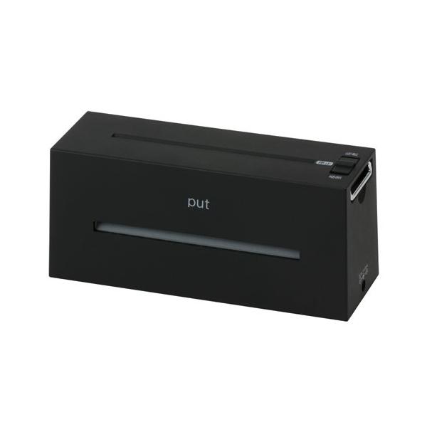 テーブルやゴミ箱の上で、使い方・使う場所、自由自在。手のひらサイズのコンパクトシュレッダ。パーソナルシュレッダ プット TM1 ブラック■ 置き場所に困らない。お気に入りのゴミ箱がシュレッダに。ゴミ箱の縁が直線の場合(縁の厚み3〜8mmまで...