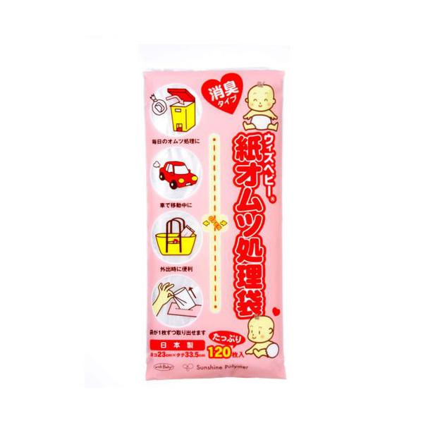 赤ちゃんの使用済紙おむつ入れに便利な、消臭剤入りの紙オムツ処理袋です。     ●消臭機能付きで、アンモニアの気になるニオイを消臭します。●高密度ポリエチレンを原料とした丈夫な袋です。●ティッシュ式ですので、取り出しも簡単。1枚ずつスムーズ...