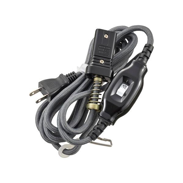 【 特 長 】■ 折り曲げ・熱に強いコードを採用■ 操作しやすいスライド式中間スイッチ付■ 折れ曲がってもコードを傷めにくい、ブッシング、スプリング付き■ 便利なコード吊り下げフック付き■ ストレートプラグ【 仕 様 】定格電圧：100V定...