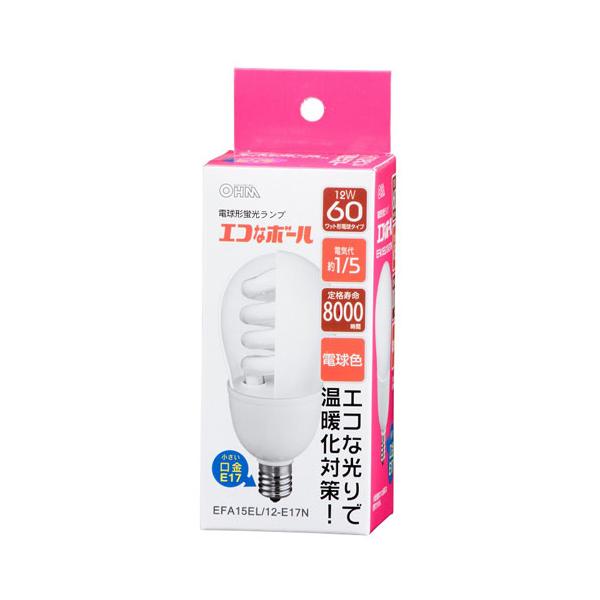 【特長】● 一般球(口金E17)がついている器具にそのまま使用できる電球形蛍光灯です。● 消費電力12Wで60W白熱電球相当の明るさ【仕様】■ 口金：E17■ 寸法：外径55mm、全長117mm■ 質量：73g■ 定格消費電力：12W■ 定...