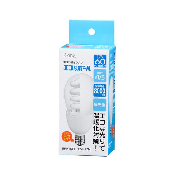 【特長】● 一般球(口金E17)がついている器具にそのまま使用できる電球形蛍光灯です。● 消費電力12Wで60W白熱電球相当の明るさ【仕様】■ 口金：E17■ 寸法：外径55mm、全長117mm■ 質量：73g■ 定格消費電力：12W■ 定...