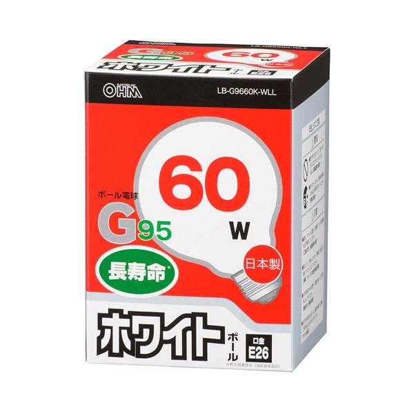 【特長】● 口金サイズE26、消費電力60W、G95形の白熱ボール電球です。● ホワイト仕上げ● 長寿命…約2倍長持ち(メーカー従来品比)【仕様】■ 形式：GW100V60W95■ ガラス球：G95■ 消費電力：60W■ 定格電圧：100V...