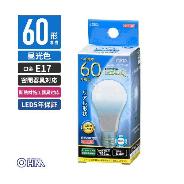 【特長】■ 小形電球60形相当■ 密閉形器具対応■ 断熱材施工器具にも対応■ 広配光約230°■ 光が全方向に広がります■ 省エネ法2027年度目標基準達成■ 昼光色■ E17口金■ 5年保証【仕様】寸法：全長…77mm、外径…38mm質量...