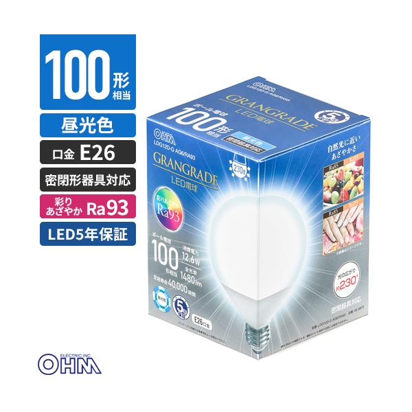 【 特 長 】■ 彩りあざやかRa93「GRANGRADE」LED電球■ 自然光に近いあざやかさ■ ボール電球100形相当の明るさ■ 配光角約230°■ 密閉器具対応■ 昼光色■ 口金はE26■ LED5年保証対象商品【 仕 様 】寸法：全...