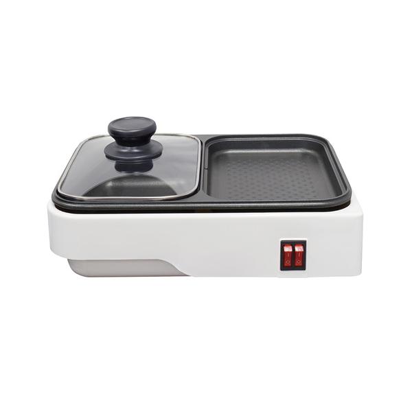 【 特 長 】■  鍋料理と焼き料理が一度に楽しめる2WAYプレート■  フッ素樹脂加工プレート使用で、お手入れが楽々【 仕 様 】定格電圧：AC100V 50/60Hz定格消費電カ：1000W本体寸法：（約）幅318×高さ147×奥行23...