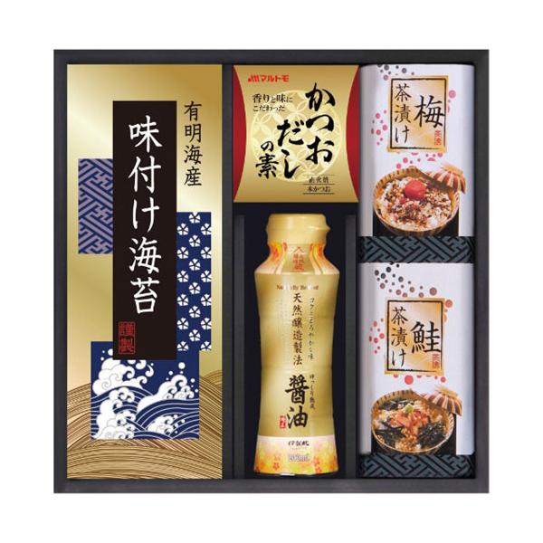 ▲商品の特性上、基本的にご返品を承ることが出来ません。何卒ご了承ください。（返品・キャンセル不可）食卓を彩る和の詰合せです。■サイズ・内容有明海産味付海苔(3切6枚)・梅茶漬け(4.3g×2袋)・鮭茶漬け(4.7g×2袋)・マルトモかつおだ...