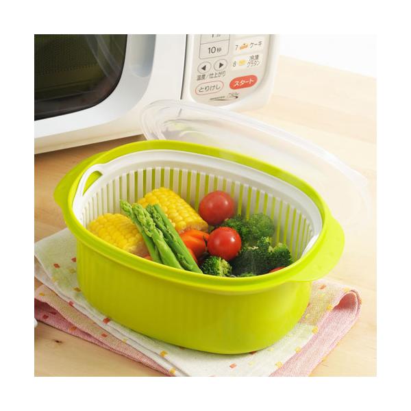 レンジで簡単温野菜。ビタミン・ミネラルなどの栄養素を失わずに色も鮮やか。ザル付きなので野菜を洗ったり、水切りが簡単。【仕様】サイズ(mm)：234×170×90重量(g)：225満水容量(ml)：1900電子レンジ対応：可食洗器対応：不可材...