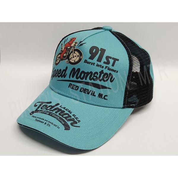 ◆バイクを降りた時の必須アイテム！◆近年の夏は猛暑なのでキャップは必須です〜◆TEDMAN'S テッドマン◆SPEED MONSTER◆メッシュキャップ◆TDC-8800◆バイクにまたがり疾走するテッドマン◆カラー：ブルーグリーン◆サイズ:...