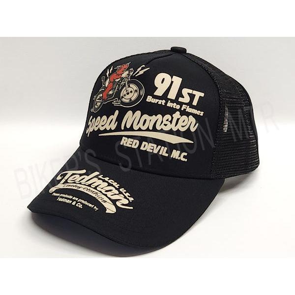 ◆バイクを降りた時の必須アイテム！◆近年の夏は猛暑なのでキャップは必須です〜◆TEDMAN'S テッドマン◆SPEED MONSTER◆メッシュキャップ◆TDC-8800◆バイクにまたがり疾走するテッドマン◆カラー：ブラック◆サイズ:フリー...