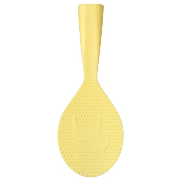 巻き寿司を巻いているときに、しゃもじを立てて置けます。平らな柄の底を下にして立てられるので、ワークトップをすっきり広く使えます