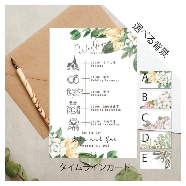 結婚式当日の流れや進行をアイコンを使ってまとめたタイムスケジュールです?印刷は専門業者様に依頼するので綺麗な仕上がりです。【お客様へお願い】ご注文時の備考欄に必ずご記載ください1.背景デザイン １種類選択2.お名前(ローマ字)　新郎様＆新婦...