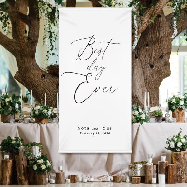 前撮り、ウェルカムスペースや高砂、フォトブースや二次会の装飾にもなる存在感あるウェディングタペストリーです♪インパクト大な180cmサイズも可能です！印刷は専門業者様に依頼するので綺麗な仕上がりです。━━◆背景色、文字・色の変更可◆━━ご希...