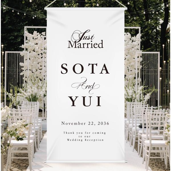 前撮り、ウェルカムスペースや高砂、フォトブースや二次会の装飾にもなる存在感あるウェディングタペストリーです♪インパクト大な180cmサイズも可能です！印刷は専門業者様に依頼するので綺麗な仕上がりです。━━◆背景色、文字・色の変更可◆━━ご希...