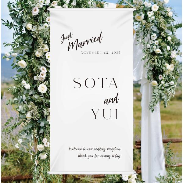 前撮り、ウェルカムスペースや高砂、フォトブースや二次会の装飾にもなる存在感あるウェディングタペストリーです♪インパクト大な180cmサイズも可能です！印刷は専門業者様に依頼するので綺麗な仕上がりです。━━◆背景色、文字・色の変更可◆━━ご希...