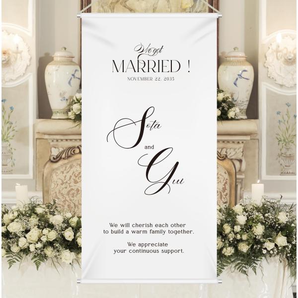 前撮り、ウェルカムスペースや高砂、フォトブースや二次会の装飾にもなる存在感あるウェディングタペストリーです♪インパクト大な180cmサイズも可能です！印刷は専門業者様に依頼するので綺麗な仕上がりです。━━◆背景色、文字・色の変更可◆━━ご希...