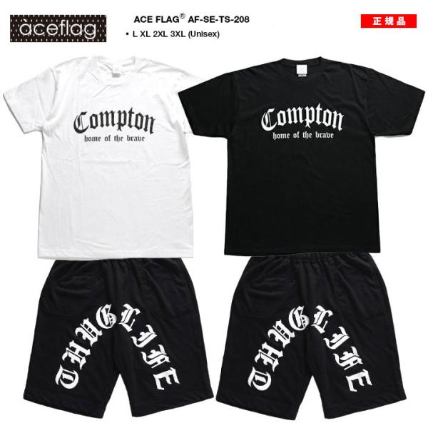 バイヤー推薦！2025年春新作最新のHIPHOPカルチャーを発信している、ストリート系ブランドのACEFLAGから、おしゃれなセットアップが入荷！Tシャツとスウェットハーフパンツの上下セット。トップスには『Compton』、ボトムスには『T...