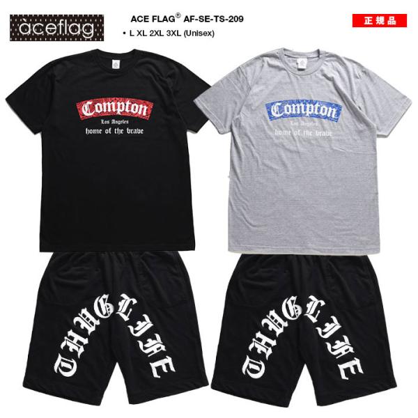 バイヤー推薦！2025年春新作最新のHIPHOPカルチャーを発信している、ストリート系ブランドのACEFLAGから、おしゃれなセットアップが入荷！Tシャツとスウェットハーフパンツの上下セット。トップスには『Compton』、ボトムスには『T...
