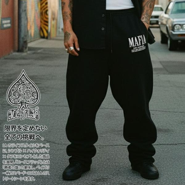 バイヤー推薦！2025年秋冬新作最新のHIPHOP &amp; ブラックカルチャーを発信している、ストリート系ブランドのACEFLAGからおしゃれなスウェットロングパンツが入荷！マフィアの名言をドロップした、ロング丈のスウェットパンツ。全１...