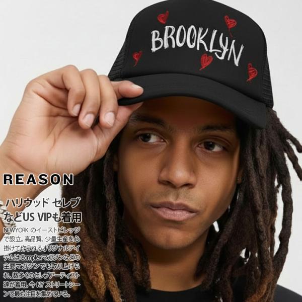 バイヤー推薦！2026年春夏新作ニューヨーク発ストリート系ブランドの「REASON/リーズン」から、おしゃれなキャップが入荷！味のある手書きタッチのBrooklynをドロップした、メッシュキャップ。全１色。生地は、フロントパネル・バイザーが...