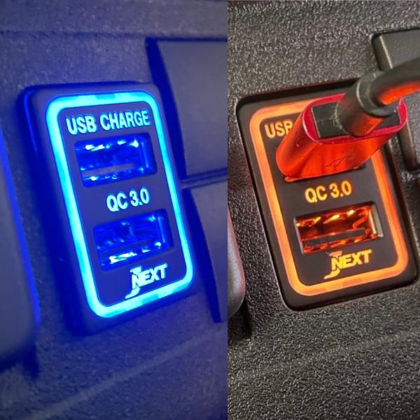 ハイゼットトラック等のブランクスイッチホールを有効活用したUSBポートダイハツ/トヨタ車汎用スマートフォンやタブレットPCなど、様々な電子機器を充電可能にするQuick Charge 3.0USBポートを2口設置。通電時は、充電時はオレンジ...