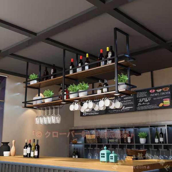 天井ラック 吊り下げ収納棚 - 天井ワイングラスラック、鉄無垢材ワインラック、キッチンバーレストラン用フローティング棚、ガードレール付き