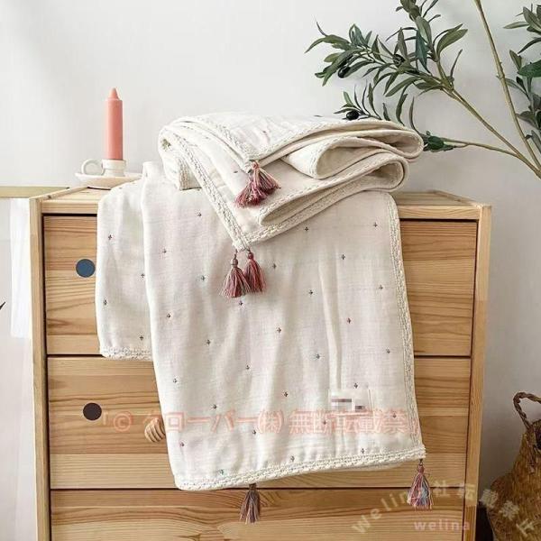 落ち着いた色合いでおしゃれなガーゼケット・フリンジがかわいい・吸湿 通気 無添加 肌にやさしい多用途ひざ掛け、肌掛け布団、ブランケット、毛布、膝掛け(ベビー、子供用 、大人用)肌に優しく安心のコットン100％素材天然素材のコットンをたっぷり...