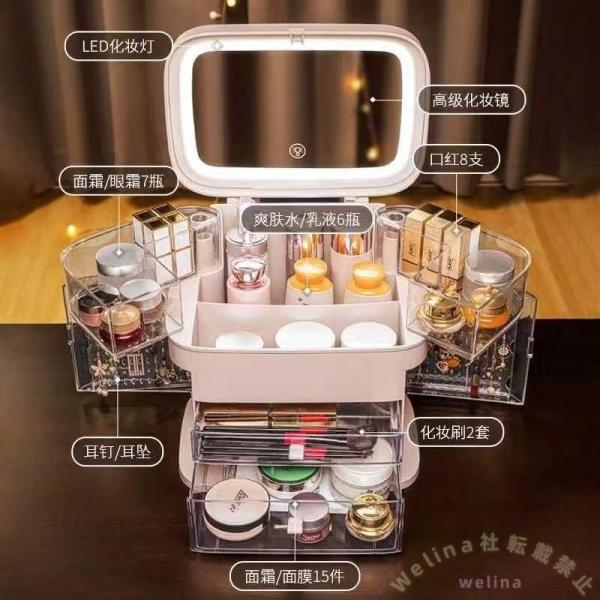 サイズ：30cm＊28cm＊20cm /3段階明るさを調節できるLEDミラ付き/90°回転するので、取り出しやすく、使いたい時に、化粧品もラクラク取り出せます『大容量』化粧品やジュエリーなど、たくさん収納できるコスメスタンドです。上部は、高...