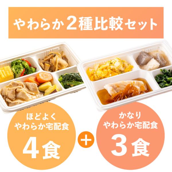 やわらかさに悩んでいる方向けに、「ほどよくやわらか宅配食」と「かなりやわらか宅配食」の２種比較セットをご用意しました。ほどよくやわらか宅配食4食、かなりやわらか宅配食3食の合計7食でお届けするのでそれぞれ少量ずつお試しできます。2つのコース...