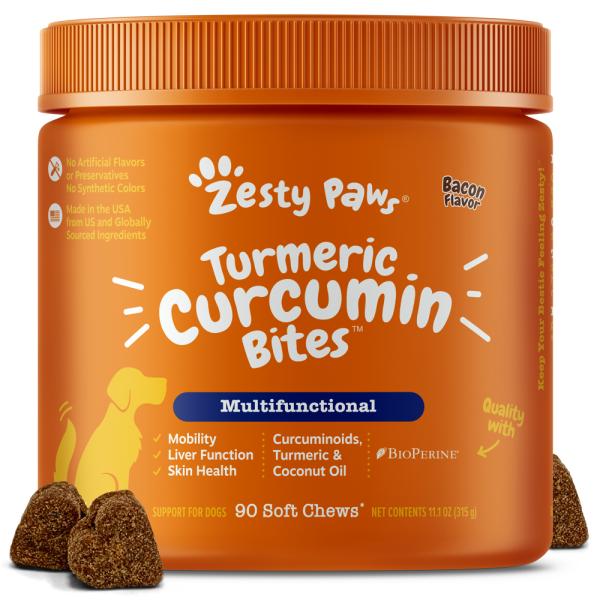 Zesty Paws ターメリック クルクミン バイツは、ターメリック由来のクルクミノイド、完全水素化ココナッツオイル、BioPerine〓を配合した犬用サプリメントです。やわらかいソフトチュウタイプで、ベーコン味のおやつ感覚で毎日続けやす...