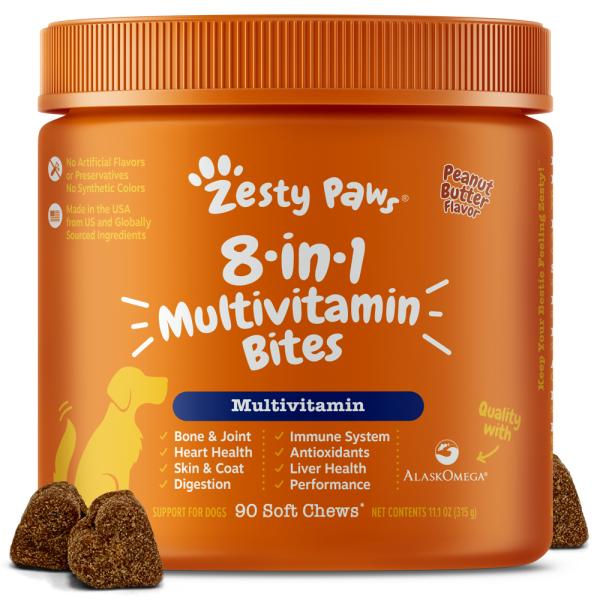 Zesty Paws 8-in-1 マルチビタミン バイツは、ビタミン・ミネラル、グルコサミン、コンドロイチン、フィッシュオイル、ビオチン、バチルス・サブチリス発酵生成物などを配合した犬用サプリメントです。やわらかいソフトチュウタイプで、ピ...