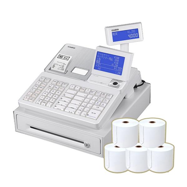 20部門／5000PLU／漢字レシート発行機能／電子店名スタンプ／ヨコ型領収書発行機能付き／消費税率カンタン変更／適格請求書に対応／SR-S4000-EX-20SWE対応レジペーパー5巻きセット6行×26桁表示 バックライト付液晶 チルト機...