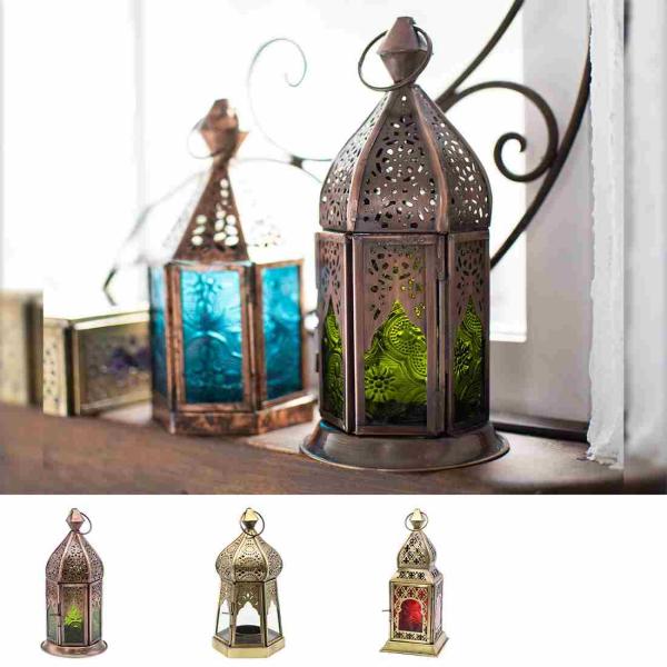 上品で神秘的なモロッカンシリーズ！<br><br>繊細な透かし柄と色鮮やかなレリーフガラスが美しいモロッカンキャンドルホルダー。<br>イスラム教のモスクを連想させるようなデザインが、まるで異国に来たかの...