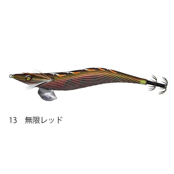 WILD CHASE （13）無限RED 赤テープまず、このエギの最大の特徴はそのカラーリングです。背中ブラウンに下地赤テープが採用されており、アオリイカに対して強い視覚的アピール（シルエット効果）を発揮します。さまざまな水中環境や光の条件...