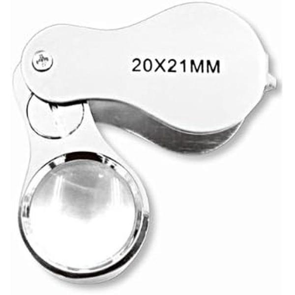     レンズ径：21mm / 倍率：20倍 / LED2個付    本体サイズ：W25xL82（折畳時：50）xH20mm    ボタン電池CX927　2個付属    材質 レンズ：ガラス製 / 本体：スチール・ステンレス樹脂 / 連続使...