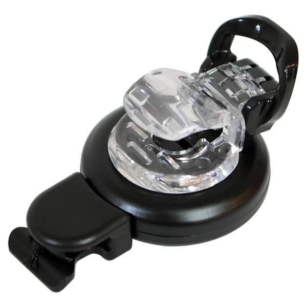 【特長】巻取リールは約75cm伸ばすことが出来る。【用途】ヘルメットのあごひもや胸ポケットに挟むことができる。【注意事項】用途以外の使用はおやめください。【仕様】・サイズ（mm）：57×32×18・質量（g）：19・タイプ：クリップ＆リール...