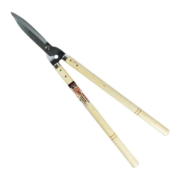 【特長】長刃型の刈込鋏木柄付です。庭木の刈込みに、太い枝（直径15mmまで）が切れるように刃の形状に作られています。刃先ケース付き。【用途】木の外見を整えるのに最適。【注意事項】ご使用上の注意をご使用前に必ずお読みください。【仕様】・砥石サ...