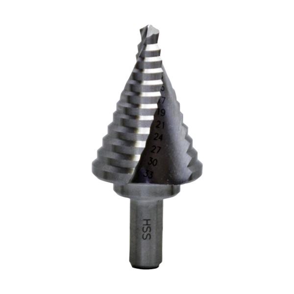 【用途】薄鉄板・木材・アルミ・プラスチックの穴あけ、穴の拡大に。【仕様】穴あけサイズ（mm）6・9・11・13・15・17・19・21・24・27・30・33段数(段)：12シャンク径(mm)：10穴あけ寸法(φ)：6、9、11、13、15...