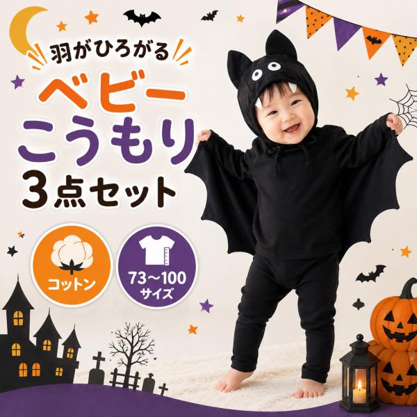 腕を上げるだけで羽がぱっと広がる、ベビーこうもりの3点セットです。脇下から裾までつながった羽と、耳・牙つきの帽子で全身こうもりに。伸縮性のあるコットン生地、上下セパレートでお着替えもスムーズ。サイズタグは外側だから肌にあたりません。はじめて...